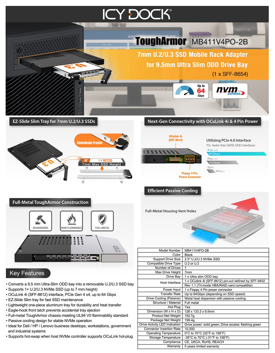 MB411V4PO-2B_7mm U.2/U.3 SSD 모바일 랙 어댑터 9.5mm 울트라 슬림 ODD 베이용 (OCuLink 4i ...